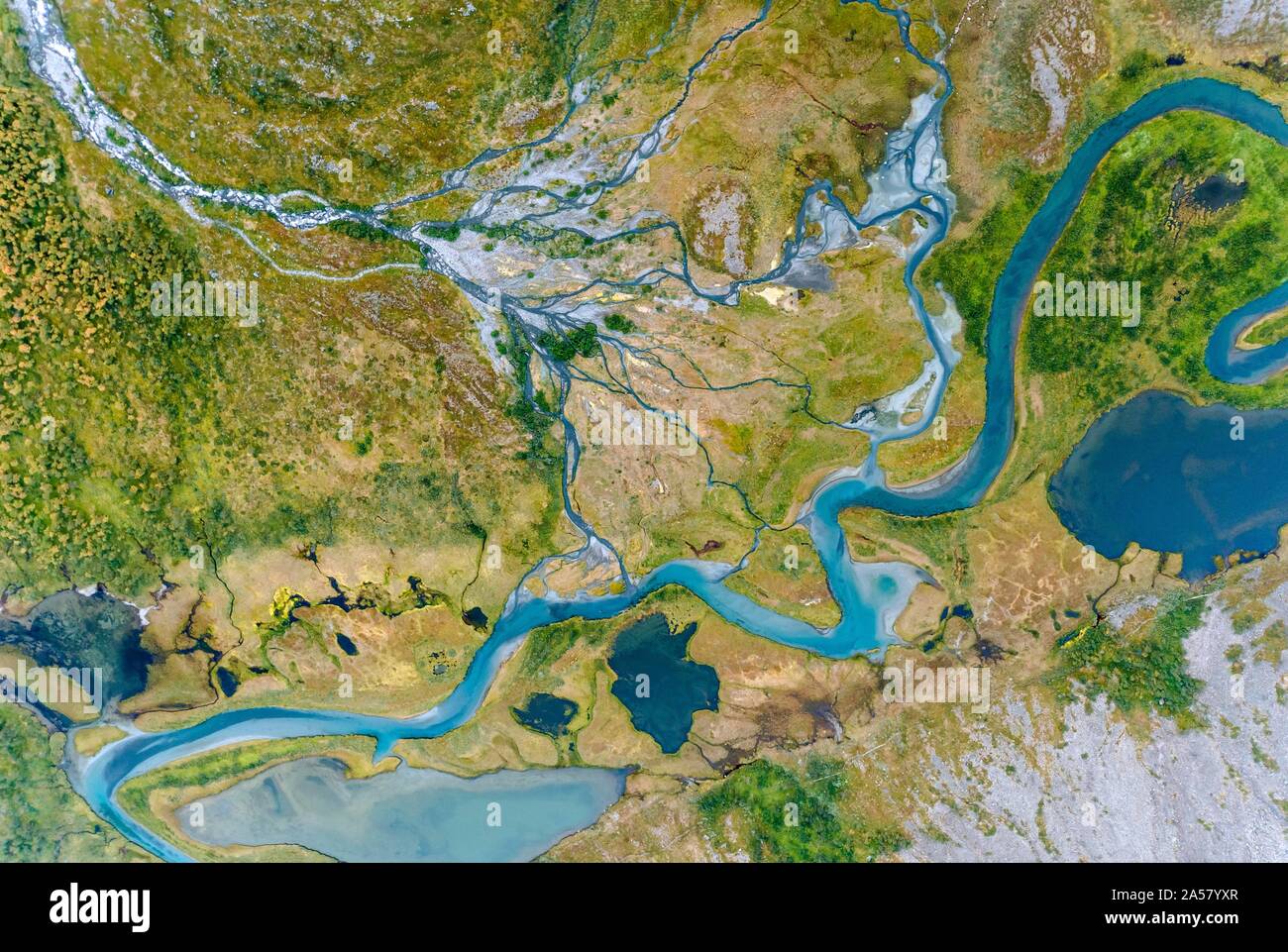 Aerial view, meandering river landscape in the Rapa Valley near ...