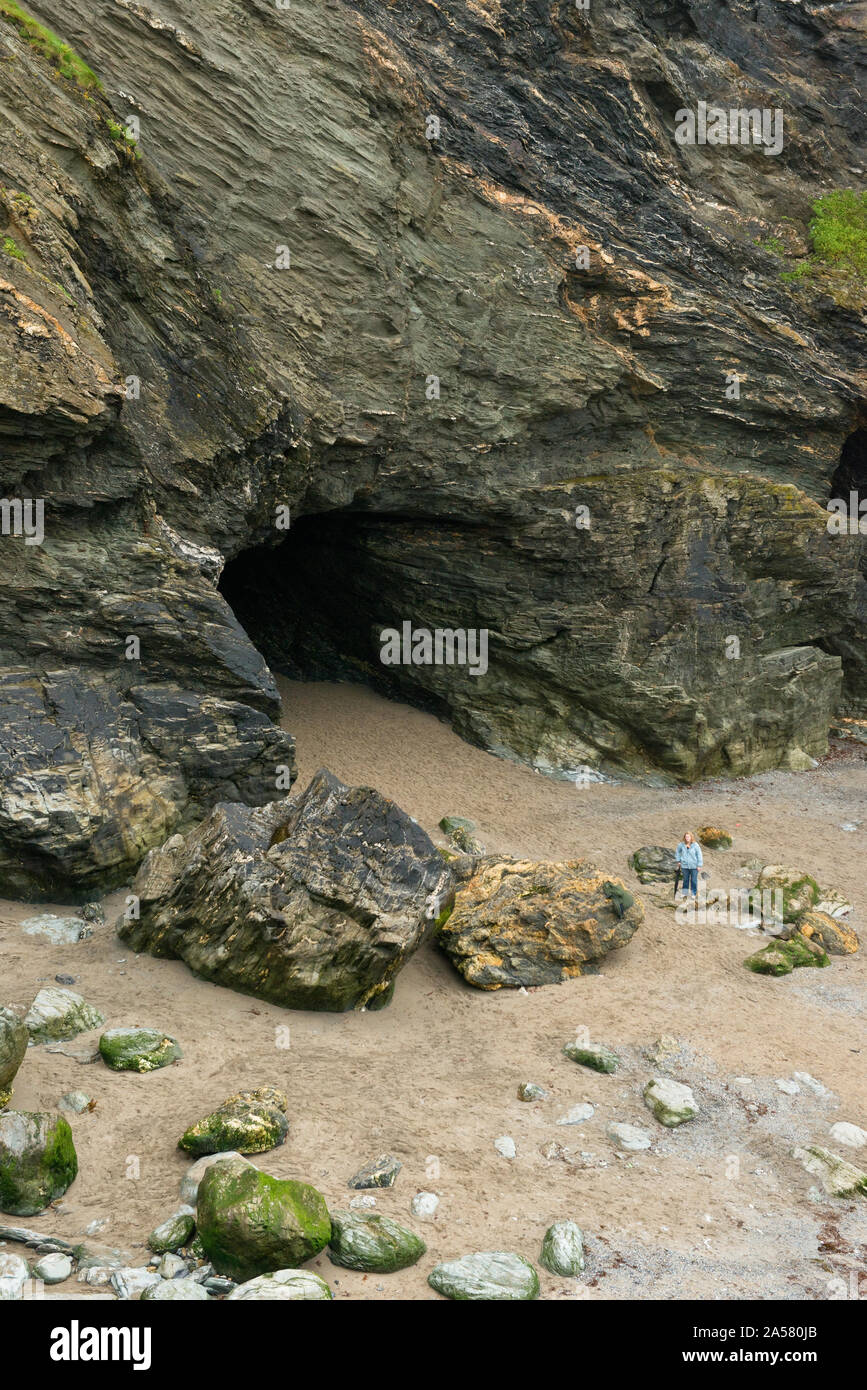 Entrance to "Merlin's Cave" on beach below Tintagel Castle. Cornwall ...