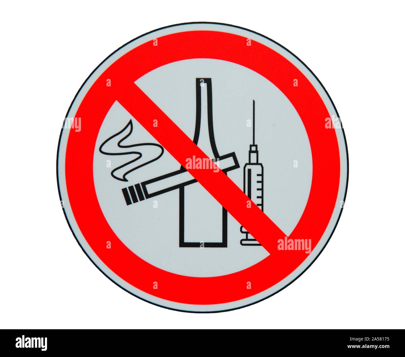 Prohibition sign for cigarettes, alcohol and syringes, Berlin, Germany ...