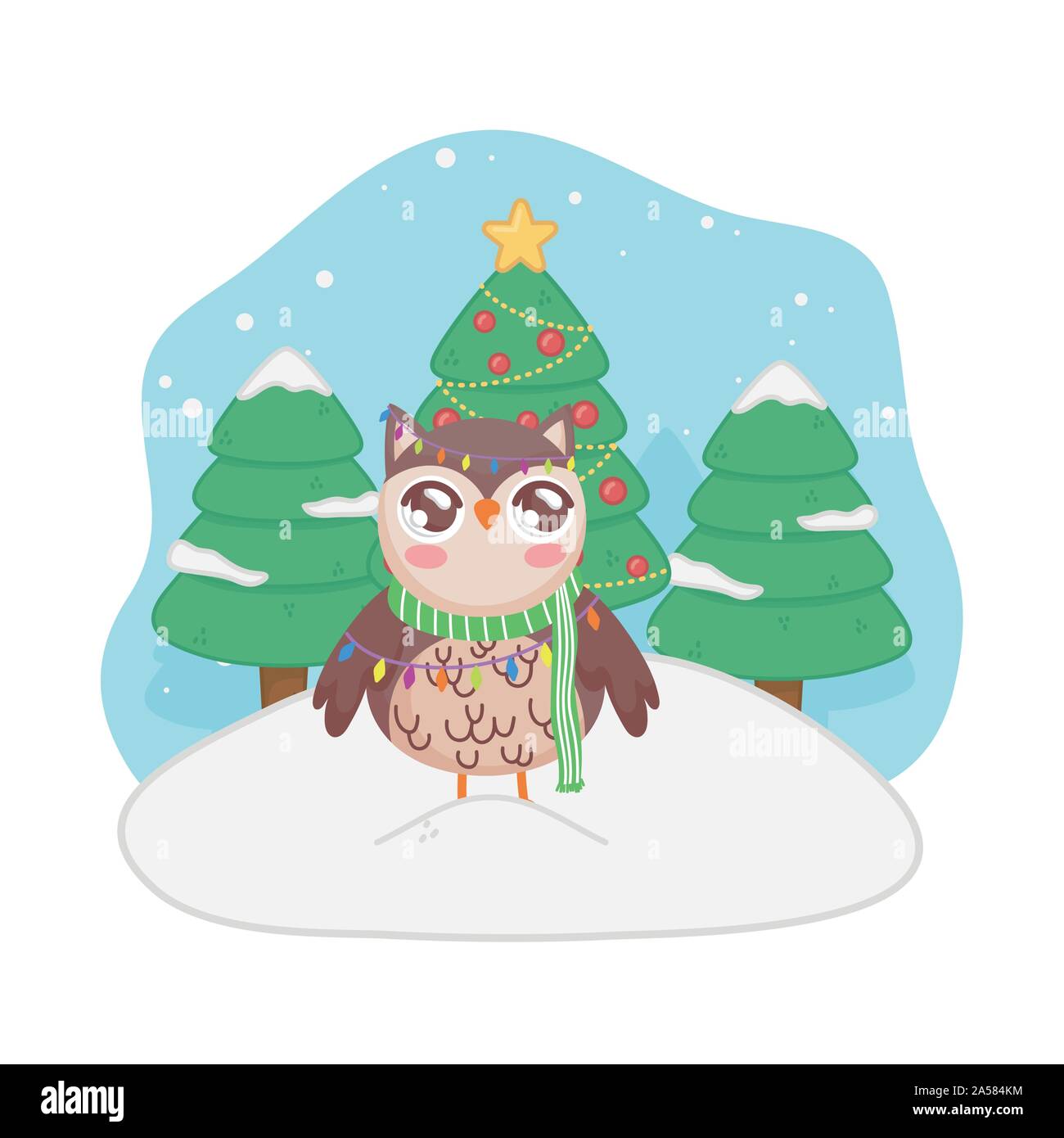 cute owl with scarf lights trees snow merry christmas vector ...