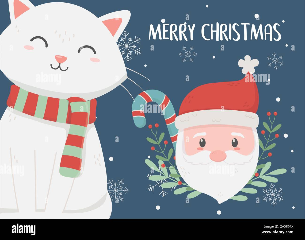 santa and cat candy cane snowflakes merry christmas card vector ...
