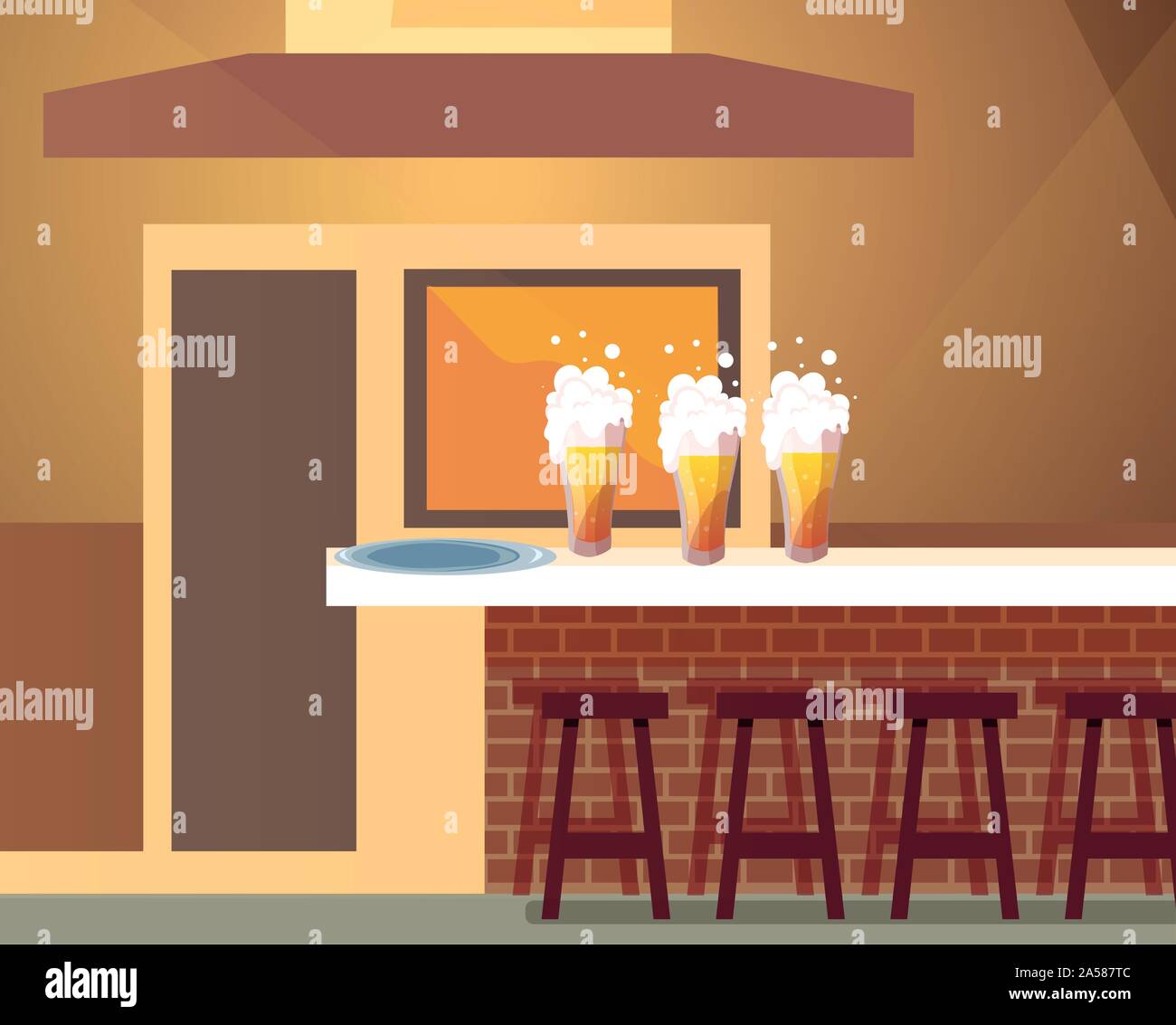 drinking establishment and table with beer bottles vector illustration ...
