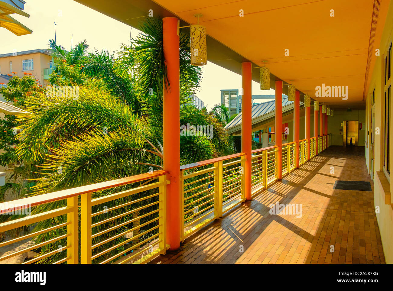 Grand Cayman, Cayman Islands, Dec 2018, balcony in Camana Bay, a modern ...