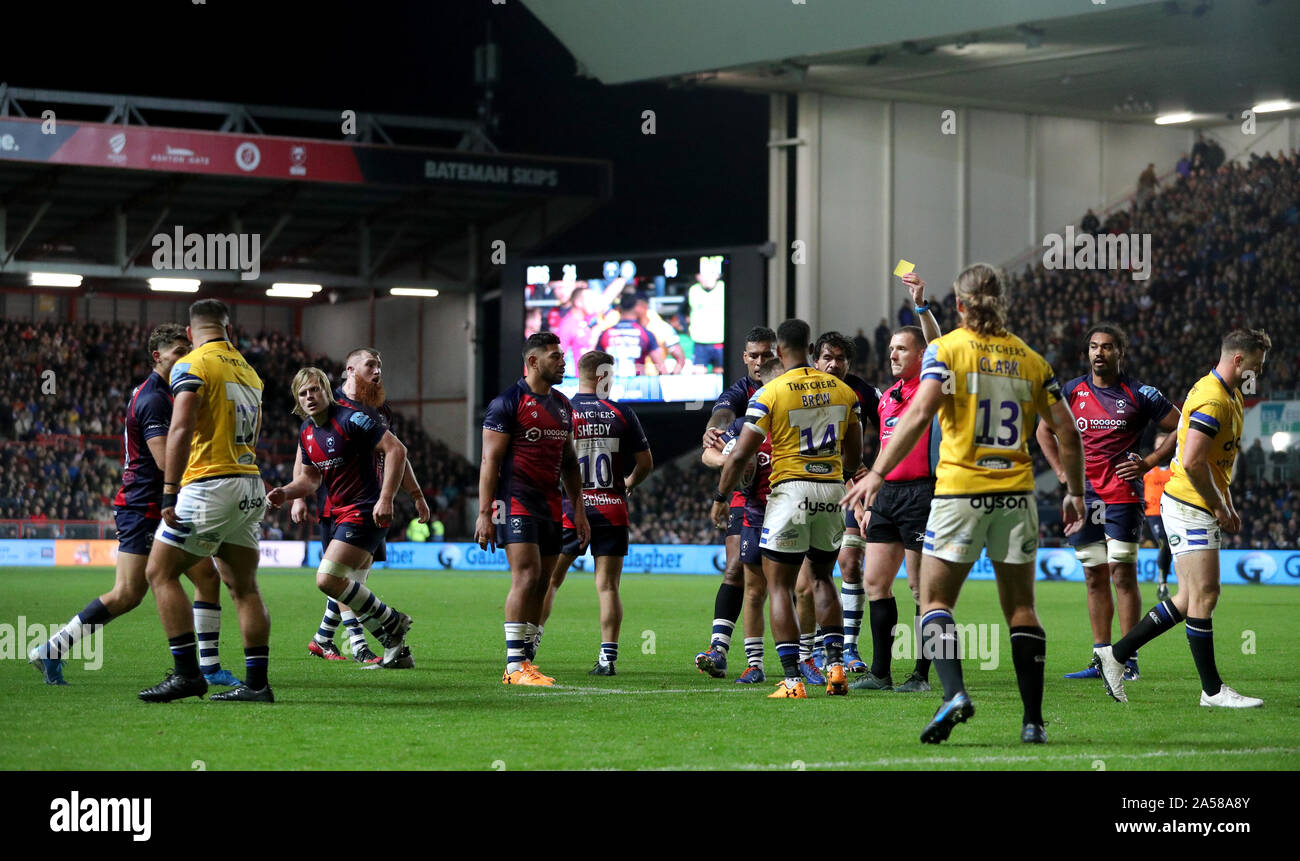 Bath Rugby's Lewis Boyce (left) is shown a yellow card during the ...