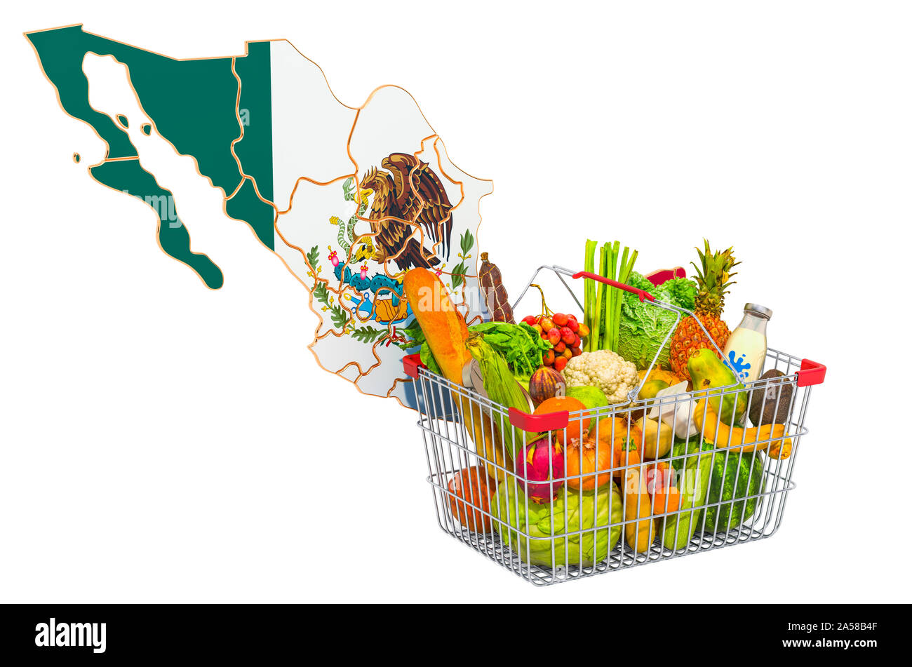Purchasing power and market basket in Mexico concept. Shopping basket ...