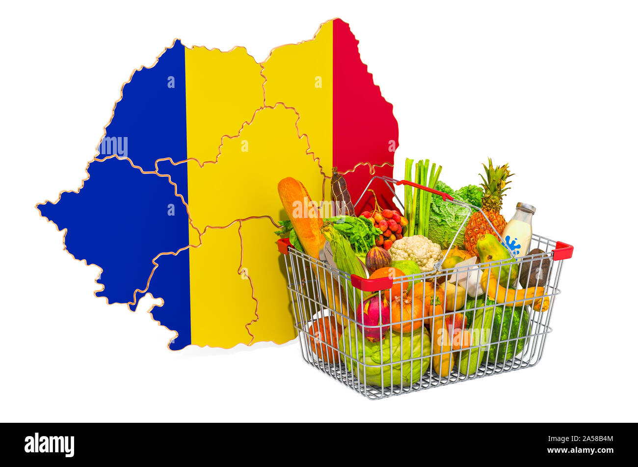 Purchasing power and market basket in Romania concept. Shopping basket ...