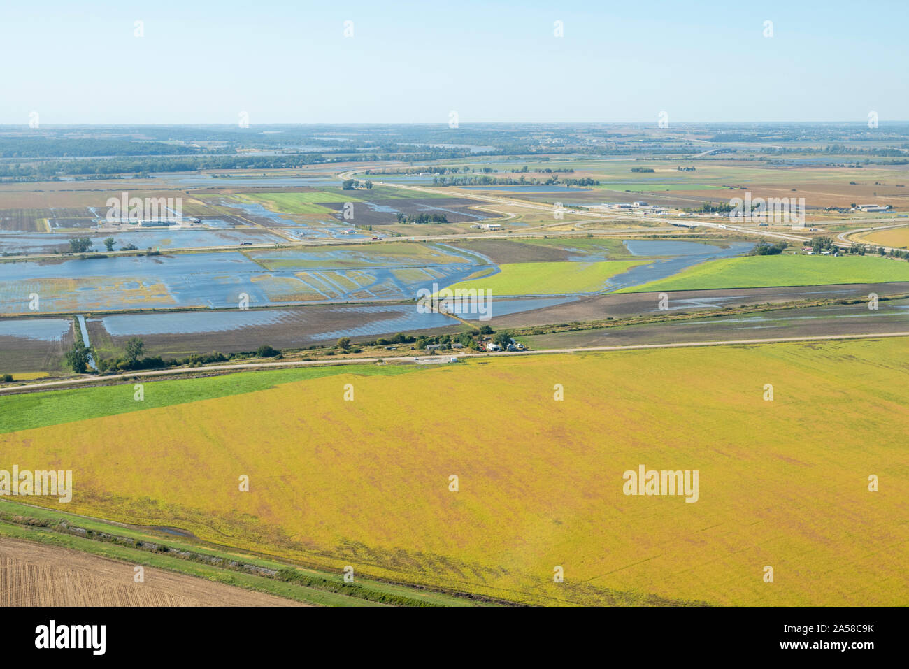 Aerial photograph of flooded rural farmland in Mills County, Iowa, USA ...