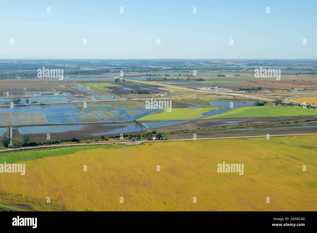 Aerial photograph of flooded rural farmland in Mills County, Iowa, USA ...