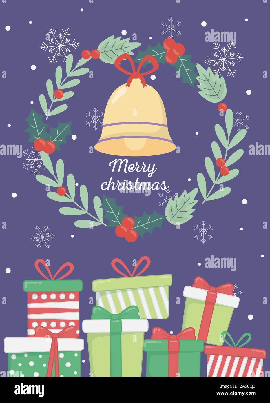 wreath bell gift boxes snowflakes merry christmas card vector ...