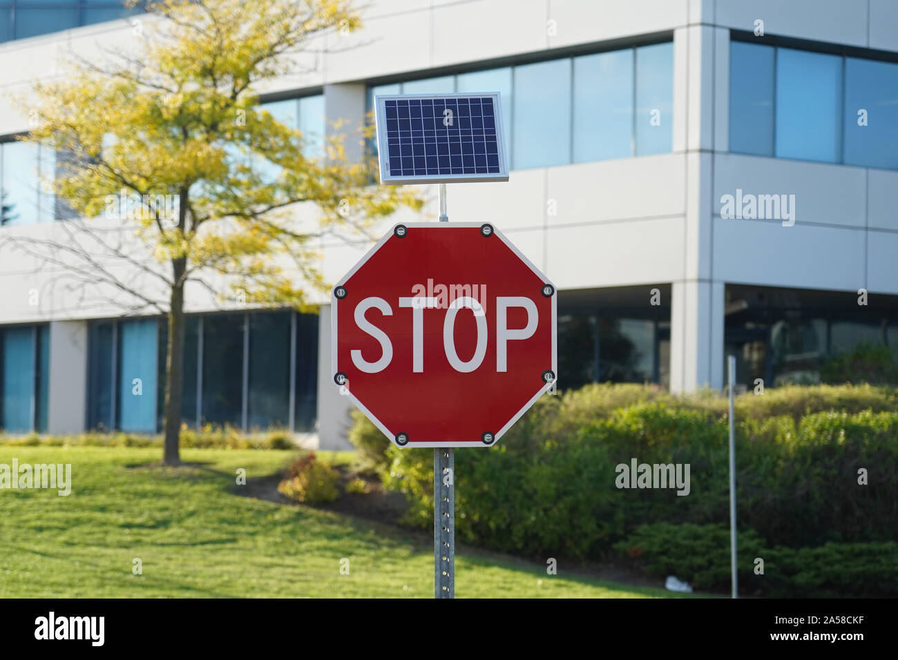 solar powered stop sign outdoor in a business office area Stock Photo ...