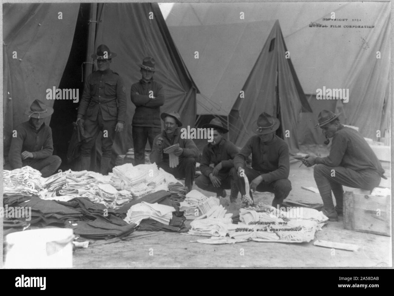 U.S. Army tent camp in Mexico, 1914: 7 soldiers with gear spread before ...