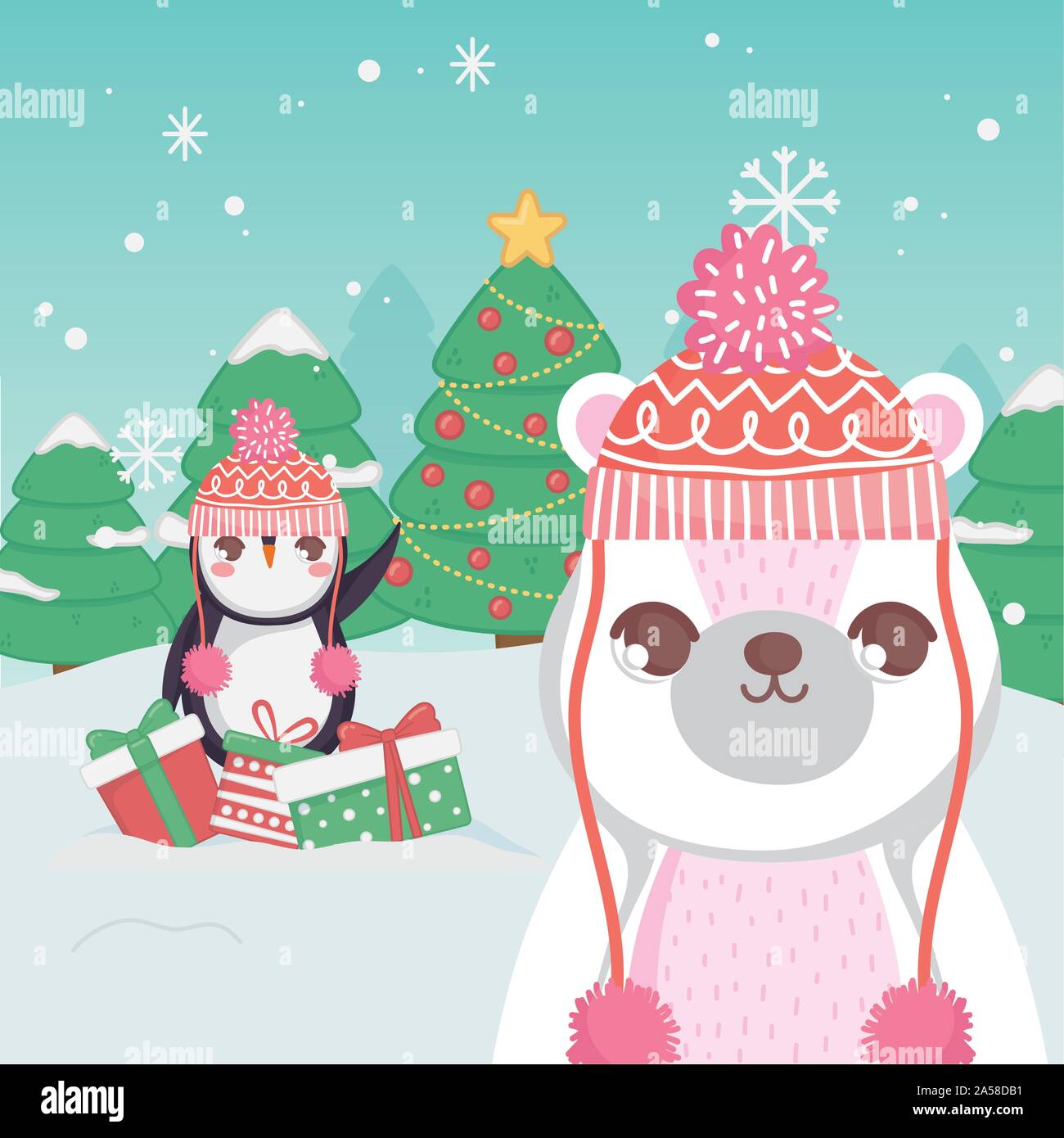 cute penguin and polar bear gifts trees merry christmas vector ...