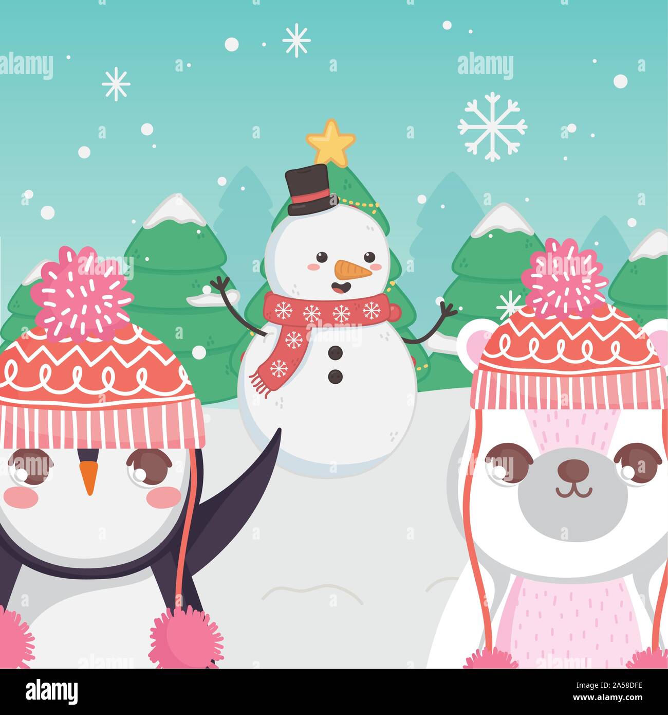 cute polar bear snowman and penguin trees merry christmas vector ...