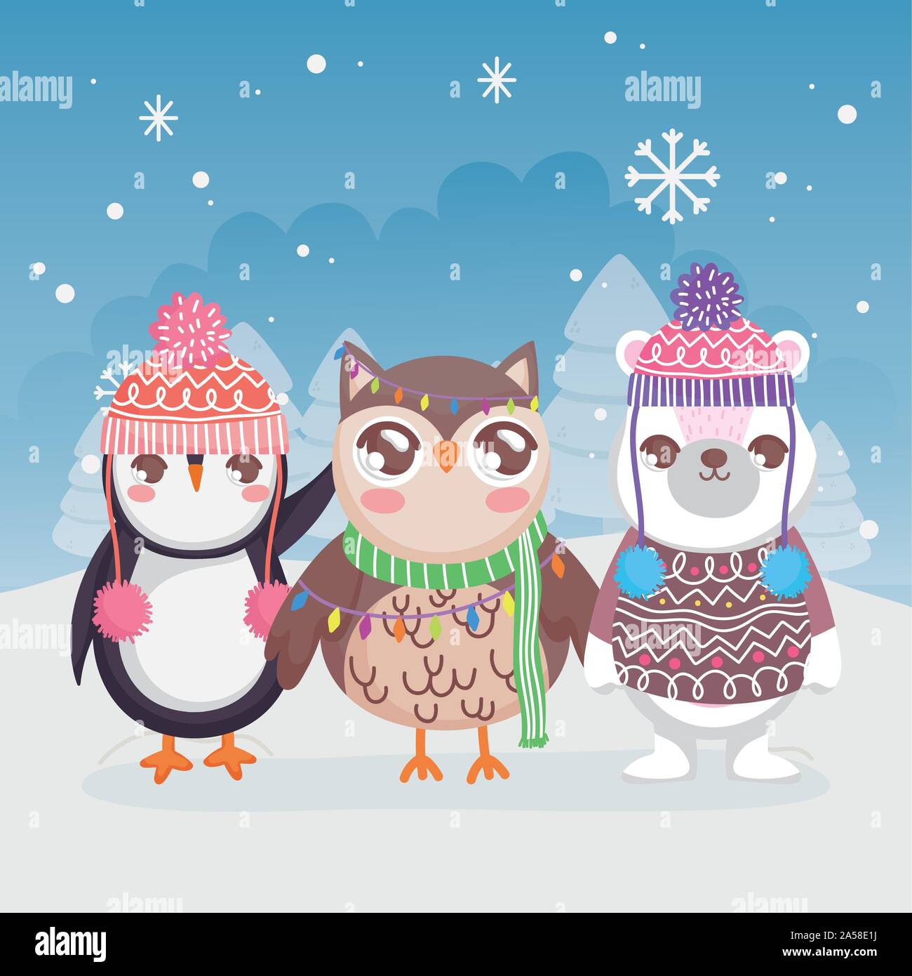 cute polar bear penguin and owl snow landscape winter merry christmas ...