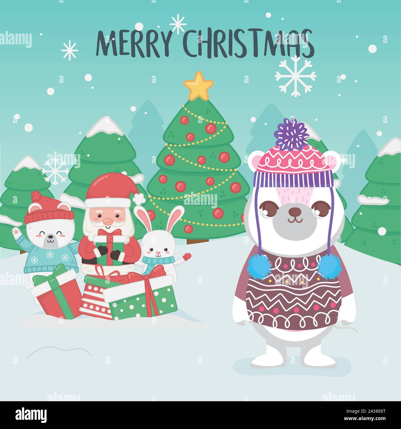 Cute Santa Polar Bears Trees Winter Landscape Merry Christmas Vector