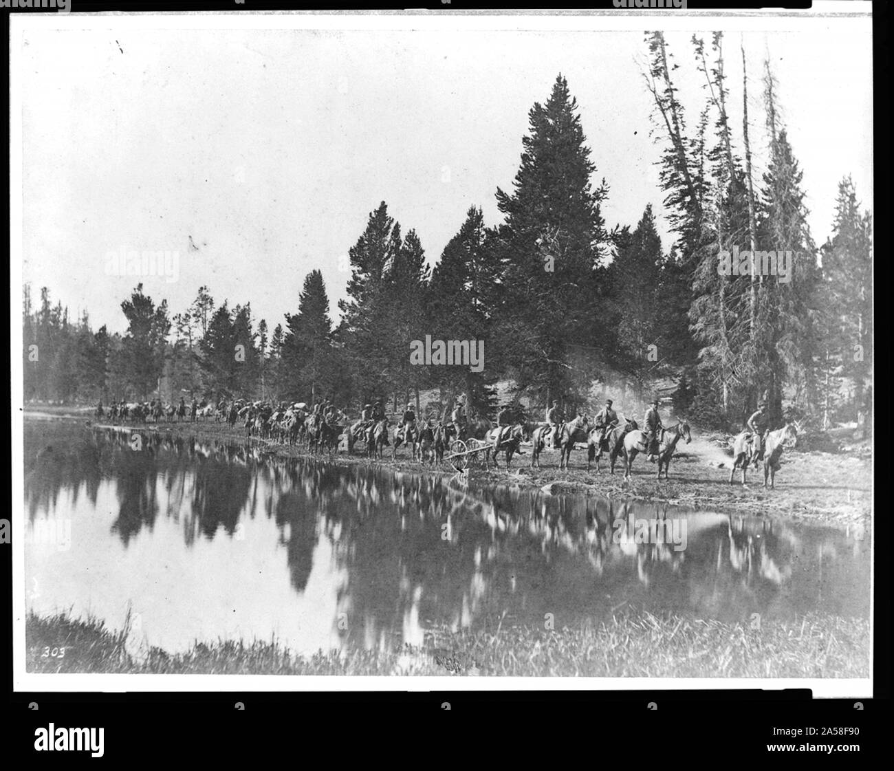 U.S. Geological Survey pack train on trail along the Yellowstone River ...