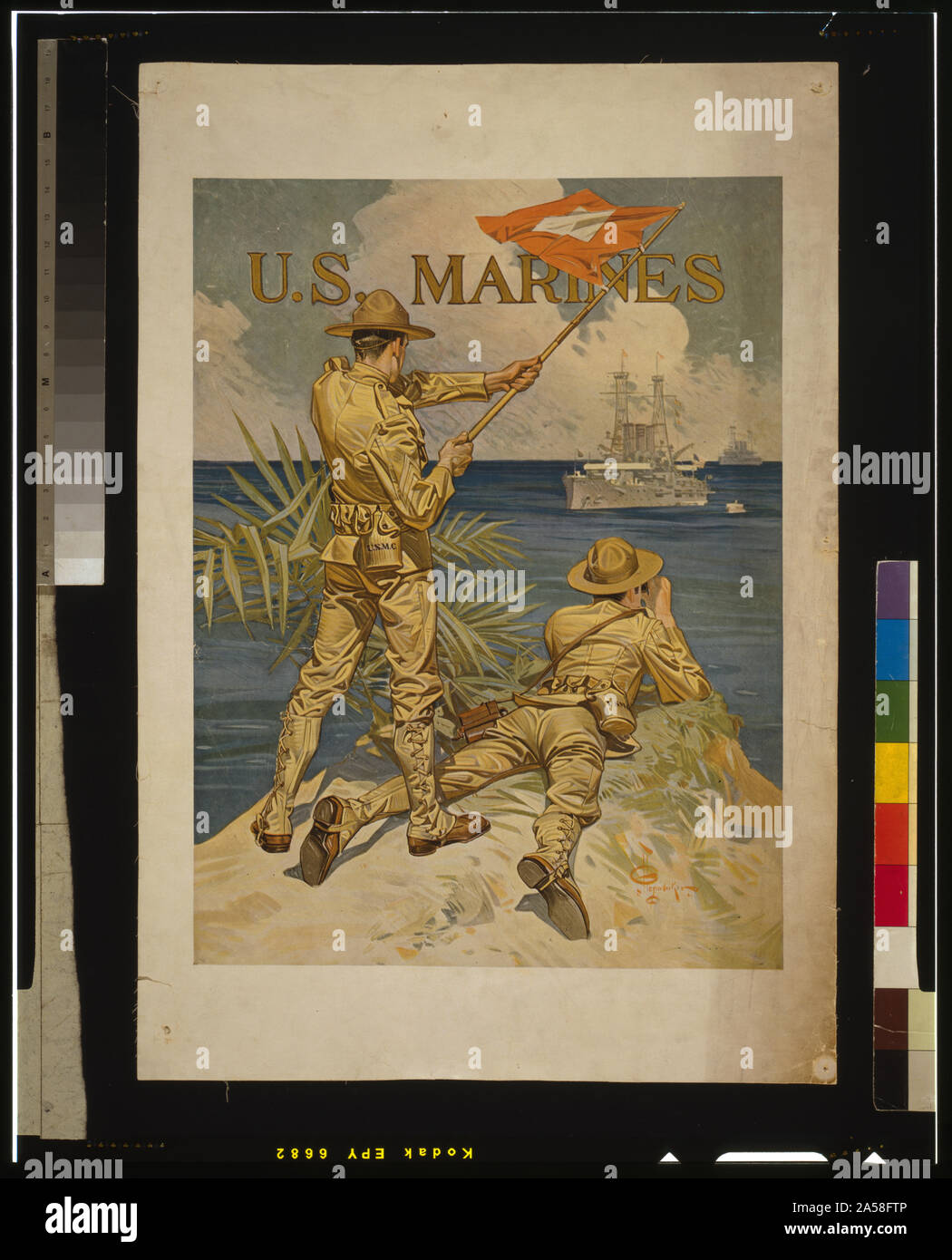 U.S. Marines Abstract: Poster showing two Marines signaling from shore ...