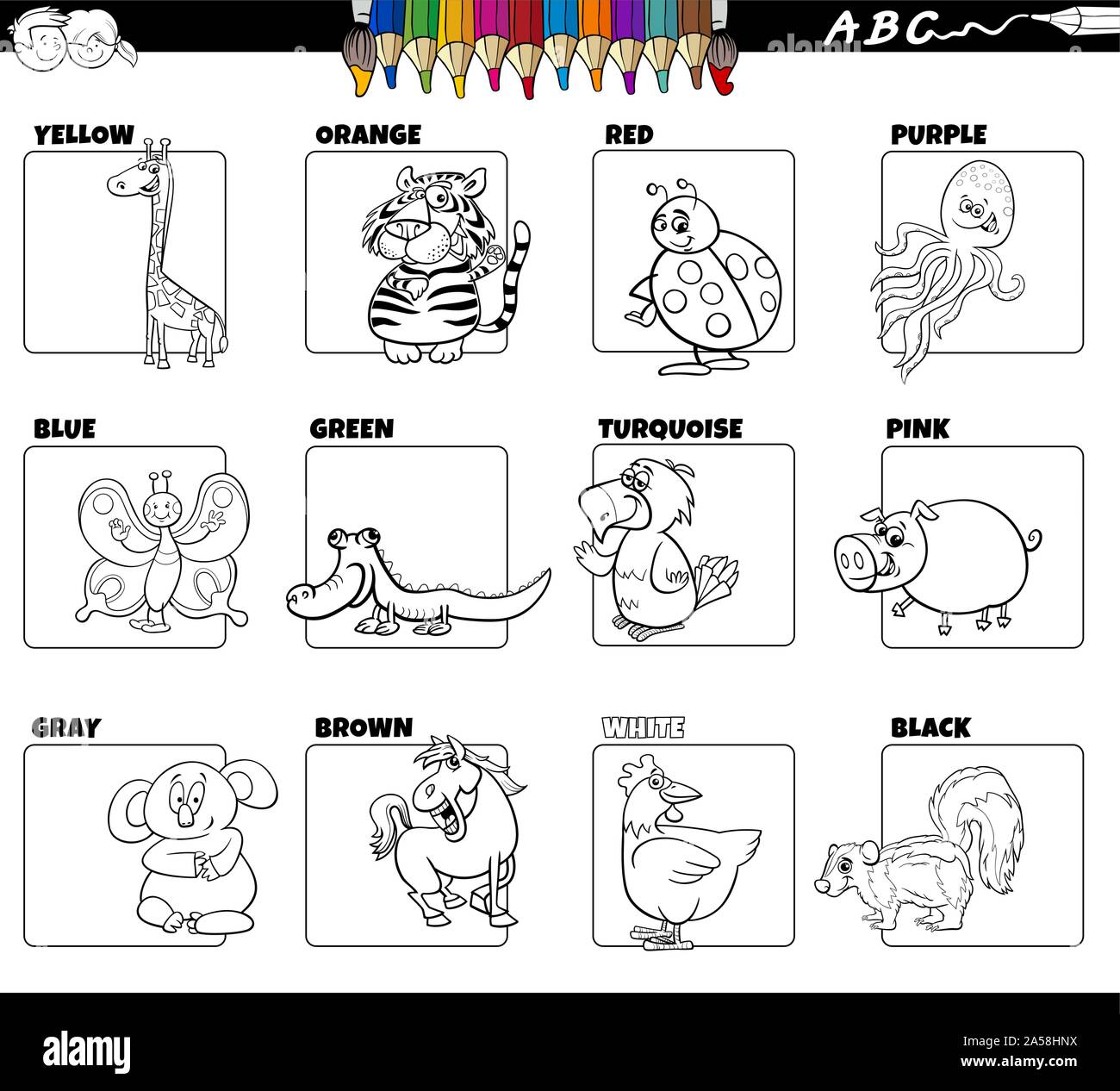 Black and White Cartoon Illustration of Basic Colors with Funny Animal ...