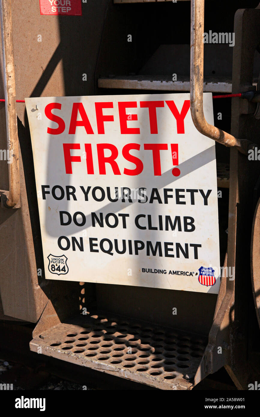 Safety First sign on the side steps of a Union Pacific locomotive in ...