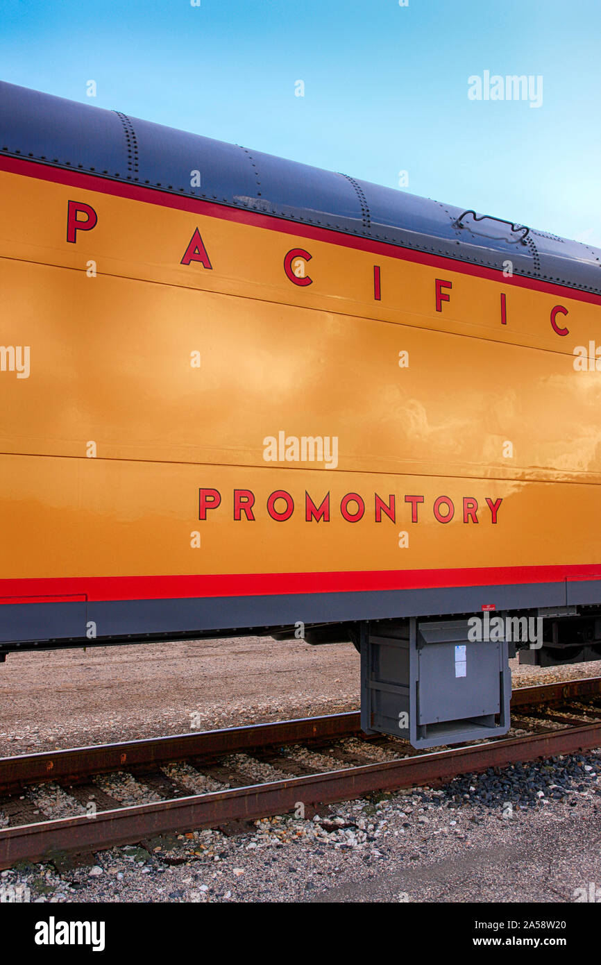 Bright yellow Promontory carriage of the Pacific Union Railroad in ...