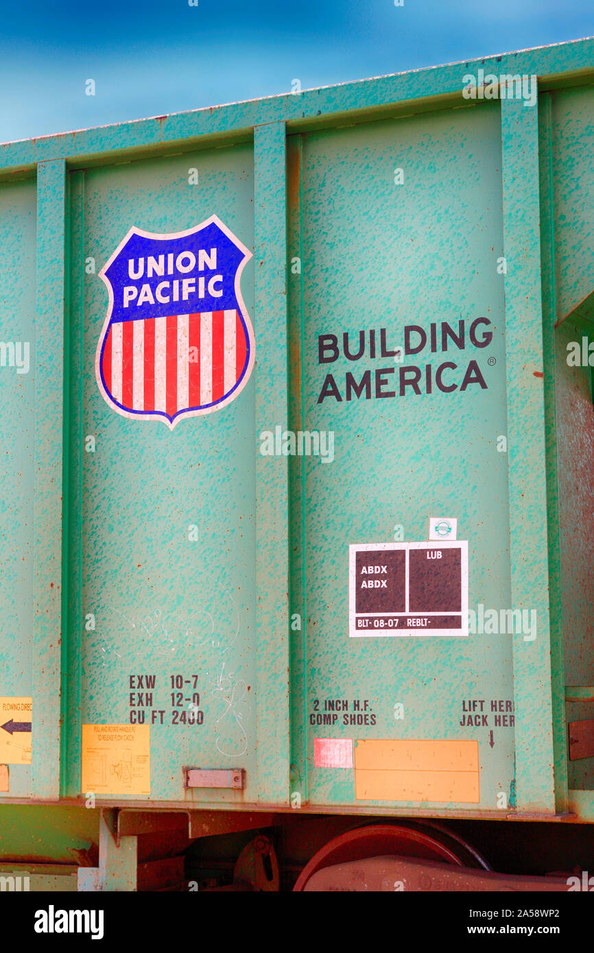 Union Pacific Railroad logo on the side of an open railroad ore wagon ...