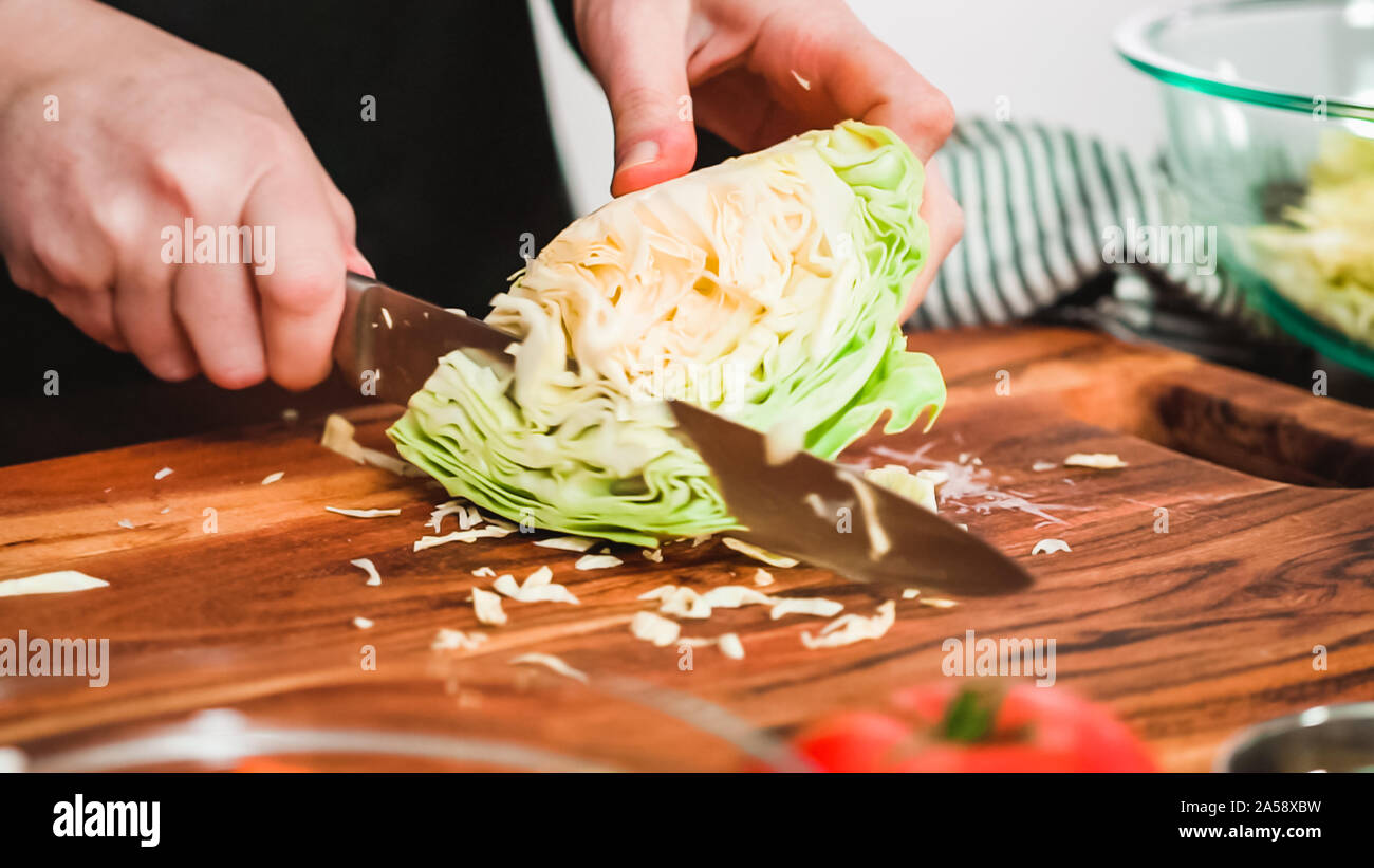 Step by step. Shredding green cabbage for beet soup, borscht Stock ...