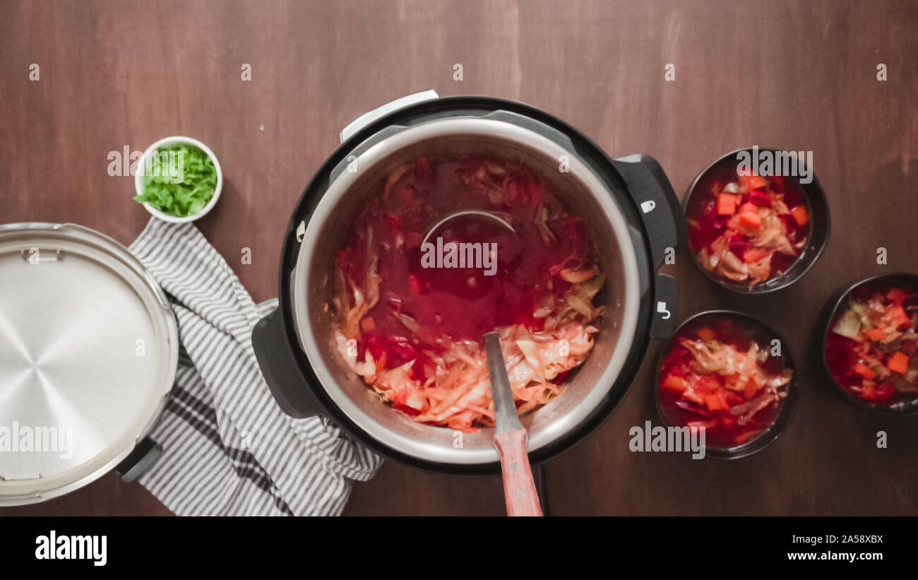 Step by step. Flat lay. Cooking beet soup, borscht with organic ...