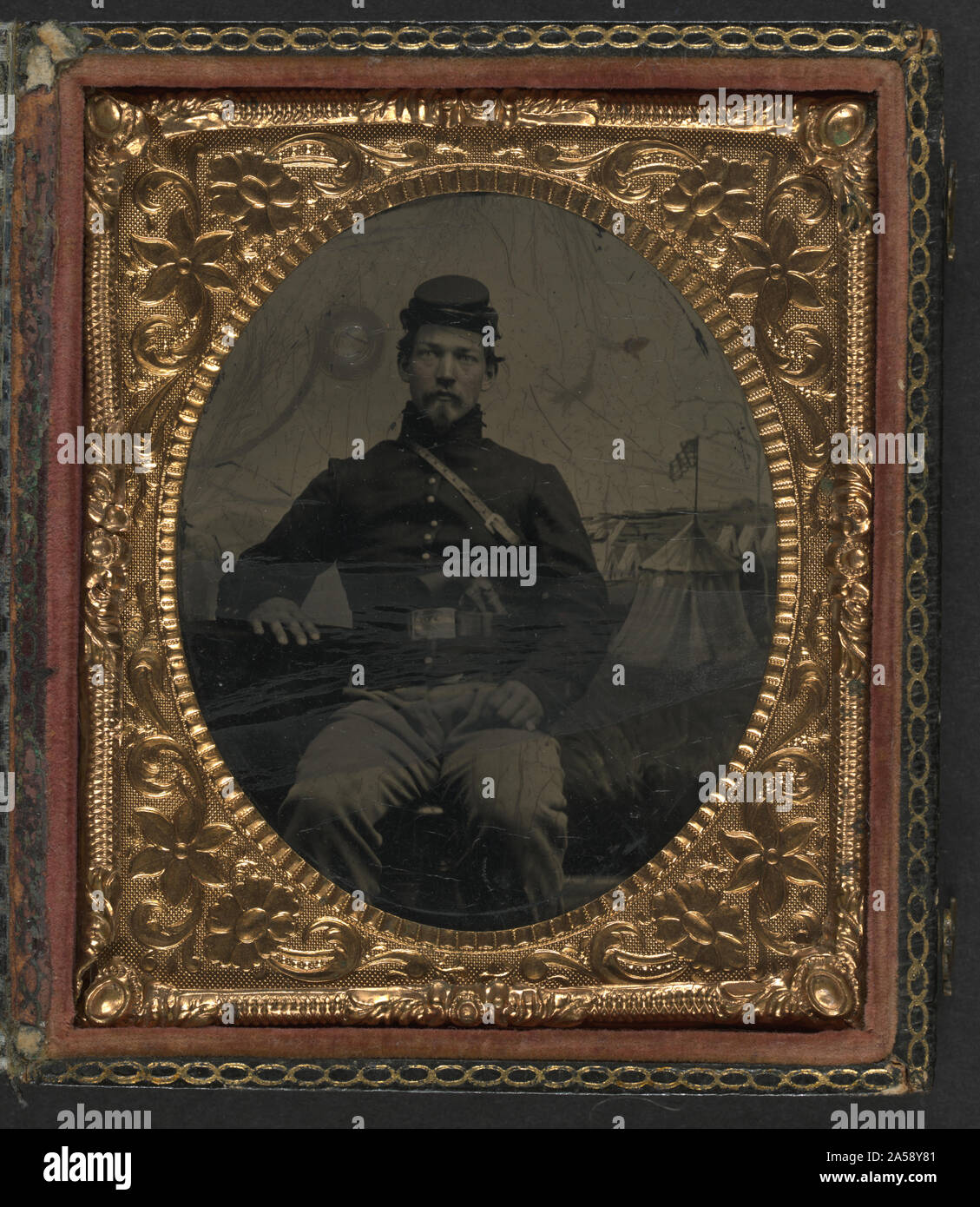 Unidentified soldier in Union shell jacket and forage cap with handgun ...