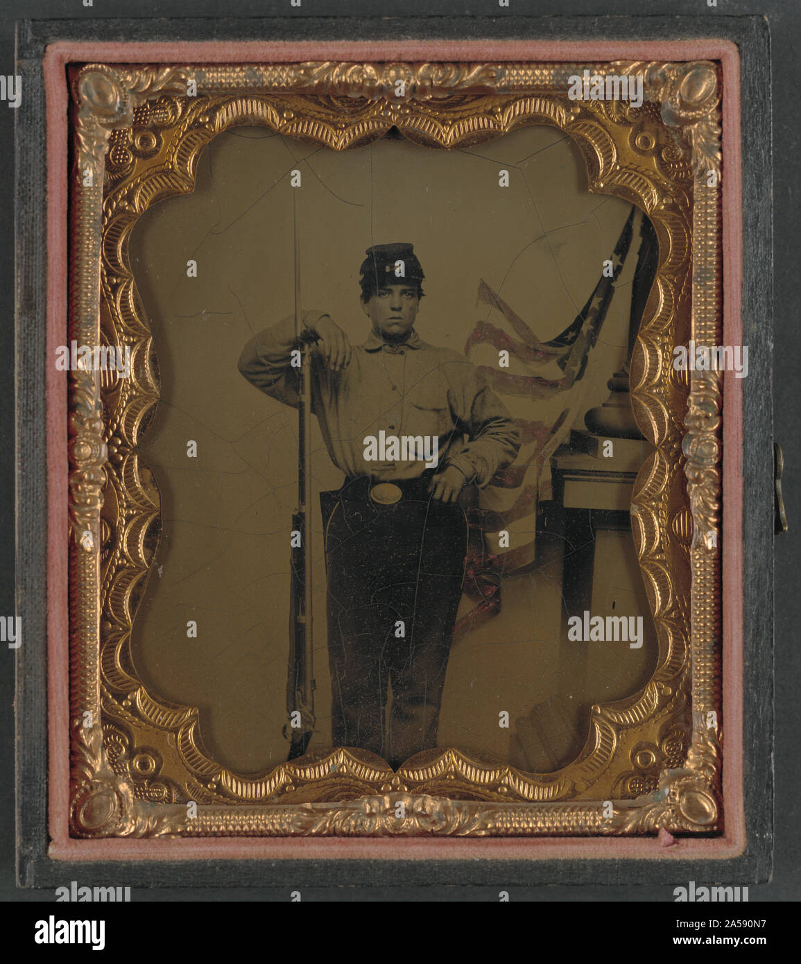 Unidentified soldier in Union uniform with bayoneted musket in front of ...