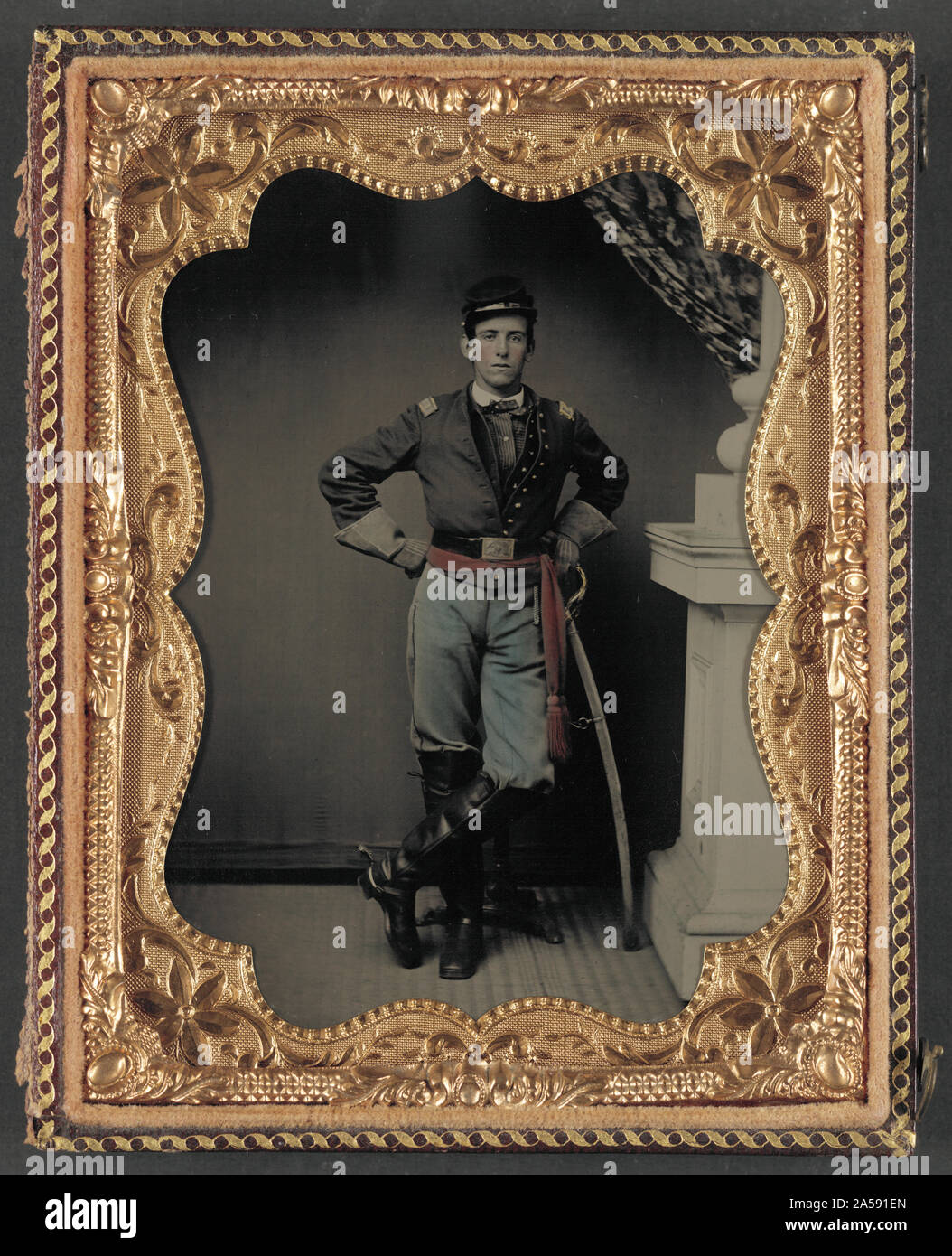 Unidentified soldier in first lieutenant's uniform, red sash, leather ...