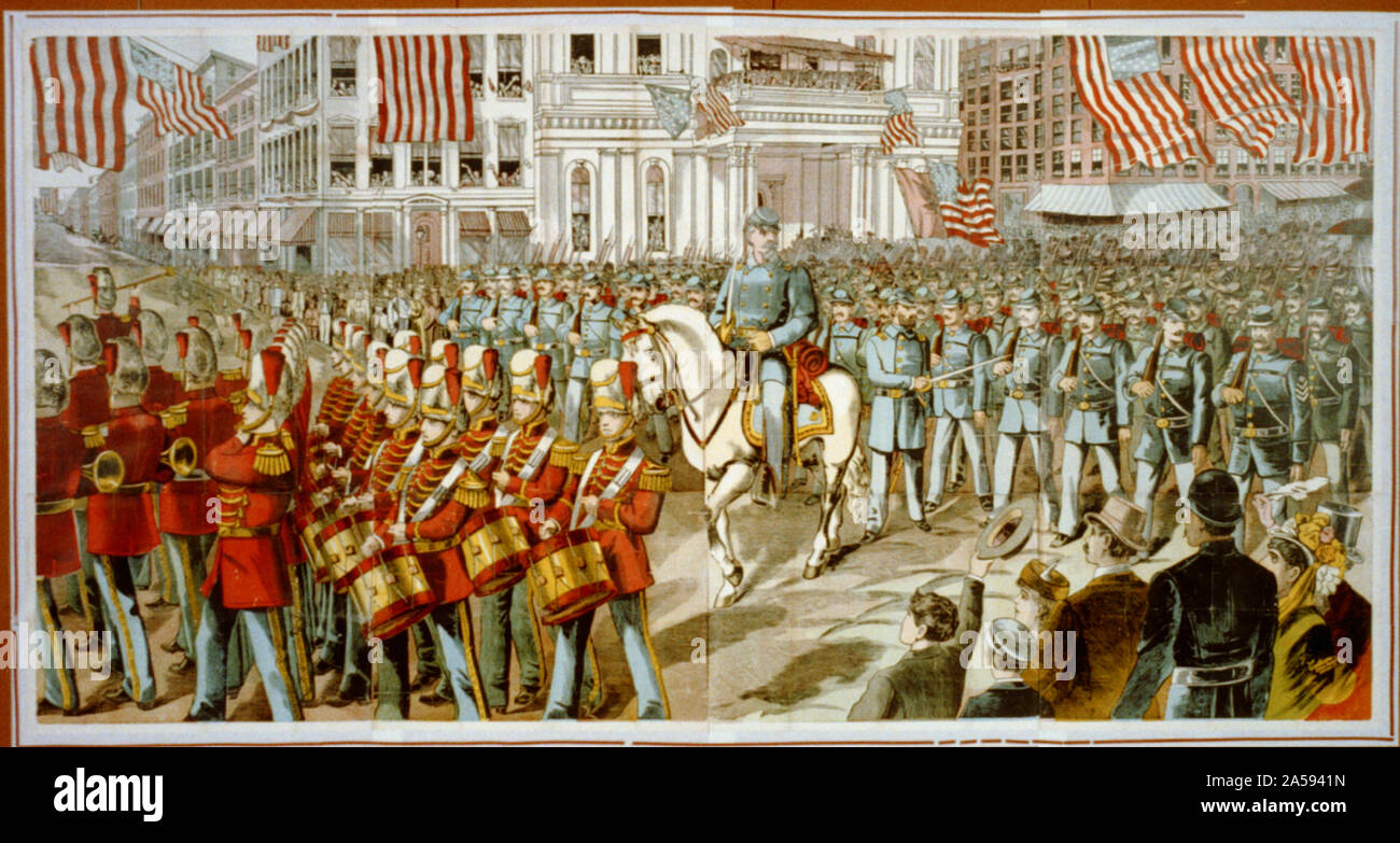 Union soldiers and band marching through a city street on their way to ...
