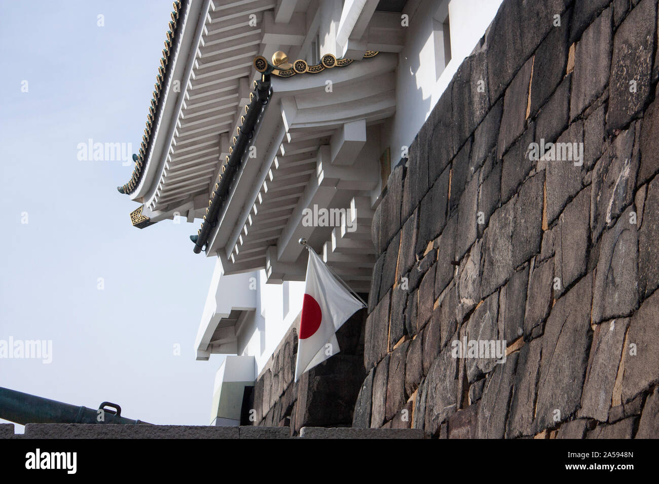 Japanese roof and flag in Kyoto district Japan detail of Osaka Castle ...