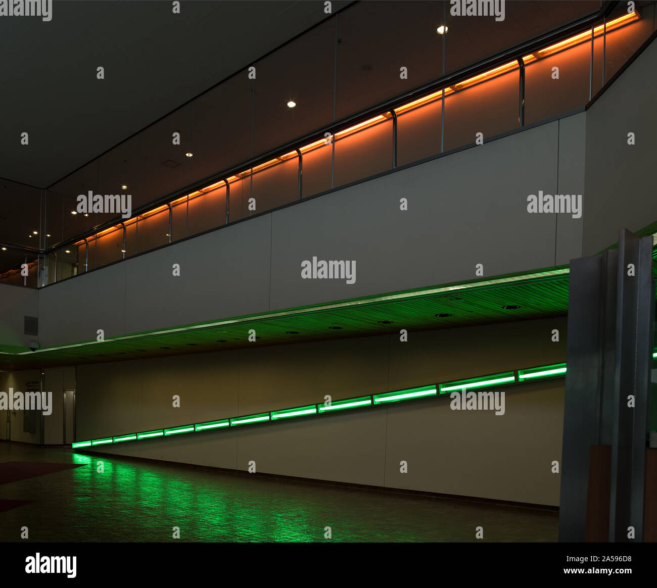 Untitled sculpture with green and red fluorescent lights, entrance ...