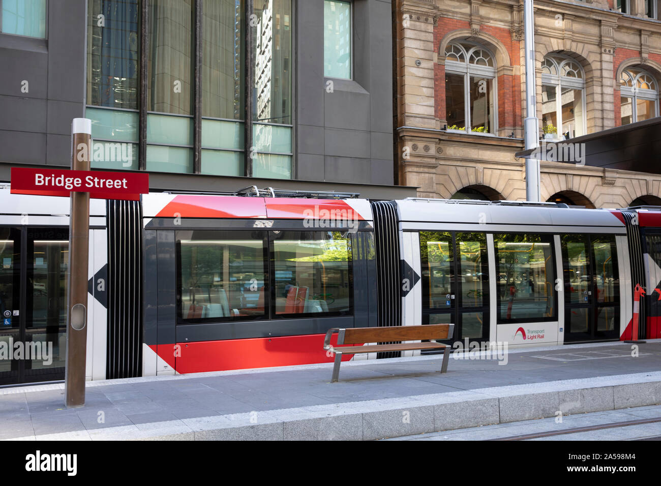 Sydney light rail train undergoing tram testing stops at a new station ...