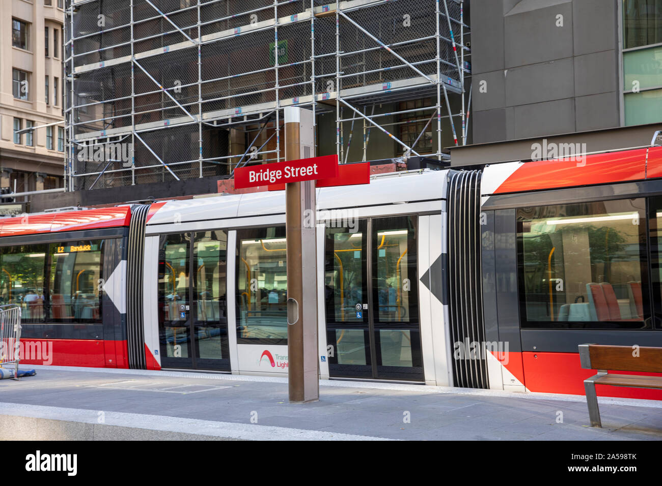 Sydney light rail train undergoing tram testing stops at a new station ...
