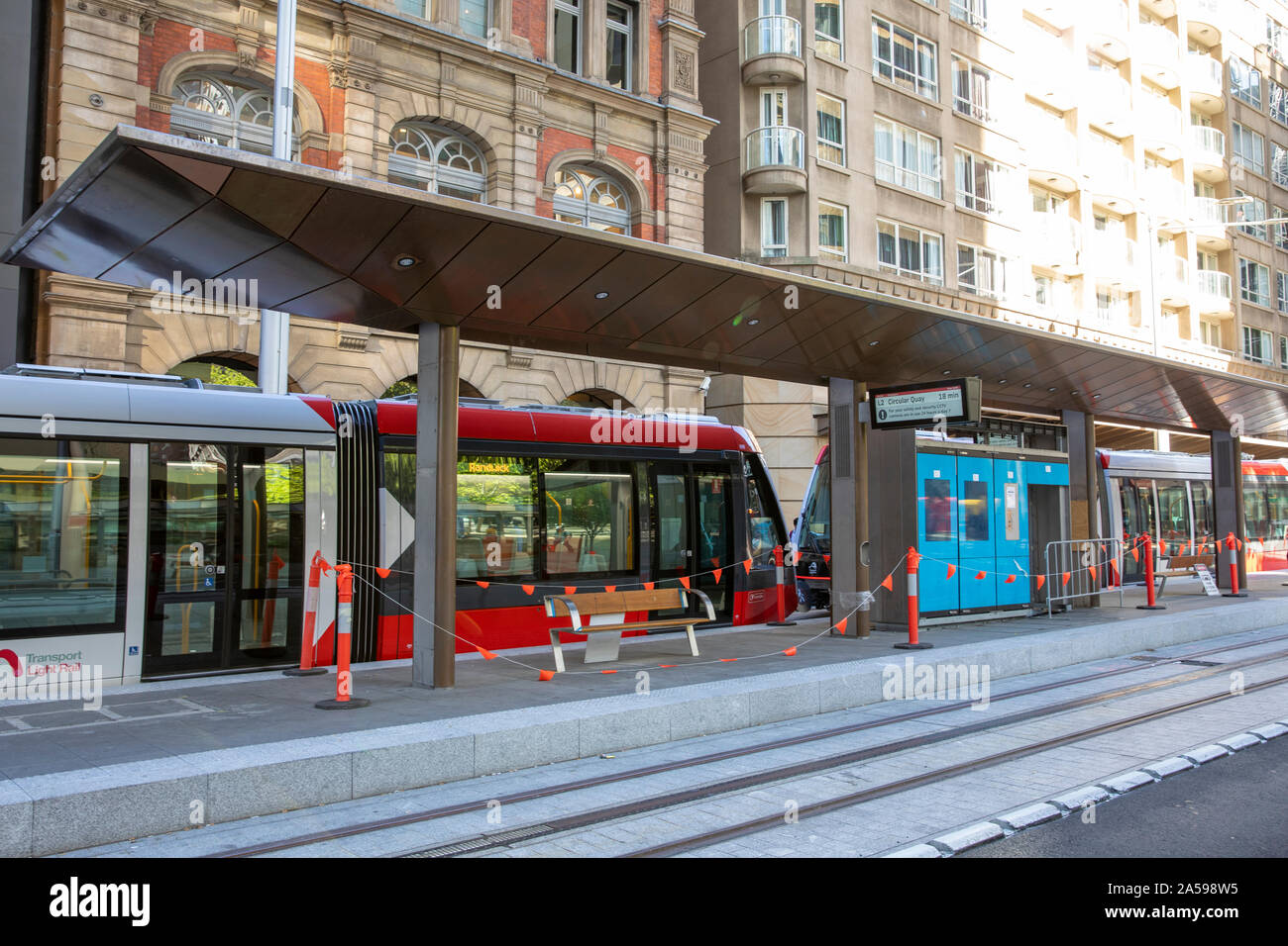 Sydney light rail train undergoing tram testing stops at a new station ...