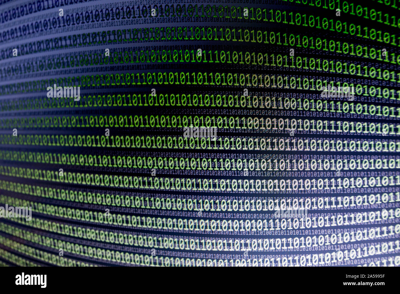 A computer screen with binary code. Green and white numbers zero and ...