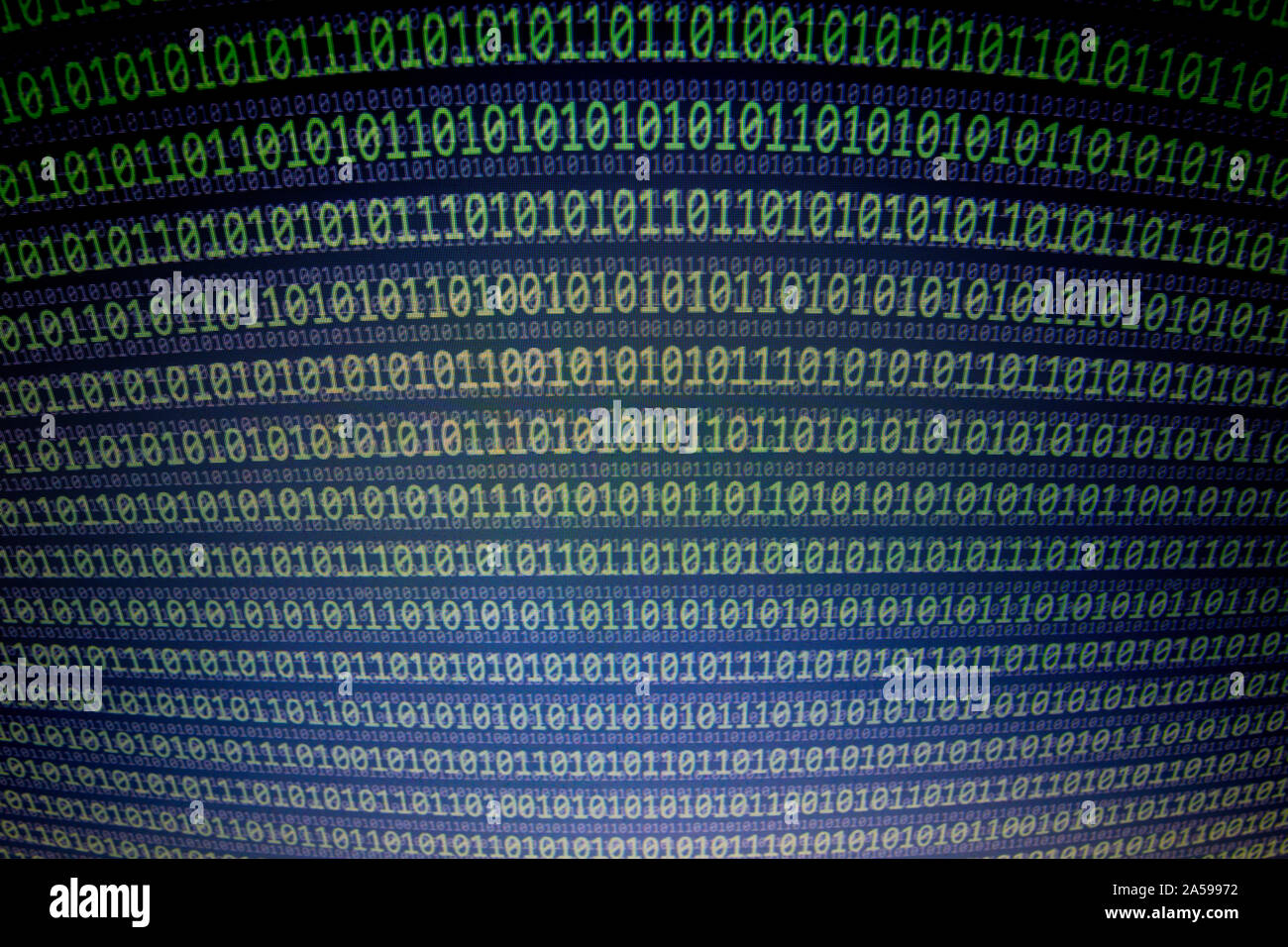 A computer screen with binary code. Green and white numbers zero and ...