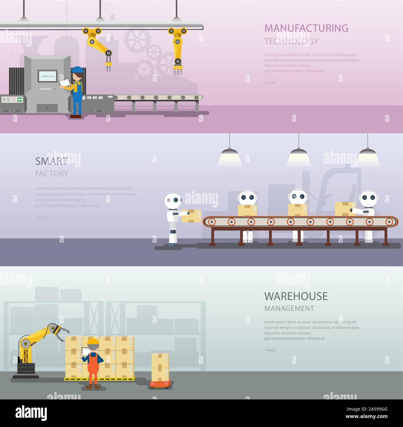 Set of warehoue banners with worker in process vector illustration ...