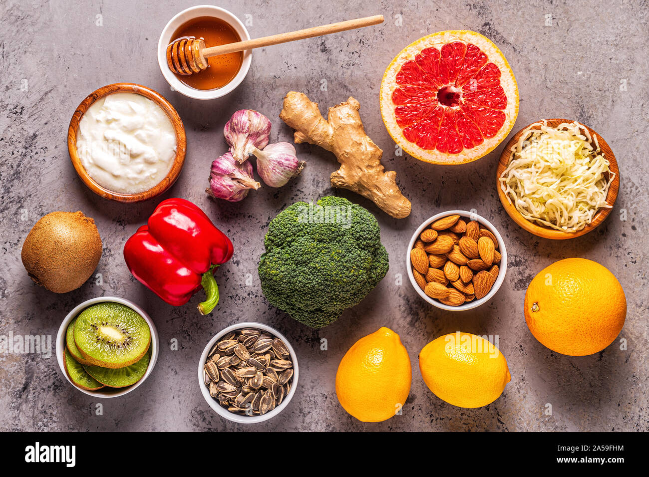 Healthy products for Immunity boosting and cold remedies, top view ...