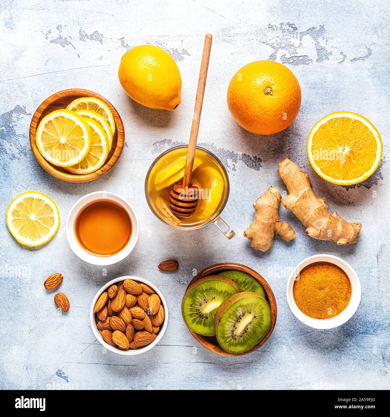 Healthy products for Immunity boosting and cold remedies, top view ...