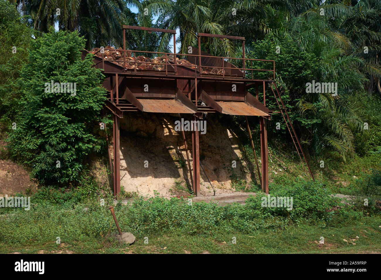 A metal hopper used for loading transport trucks with oil palm tree ...
