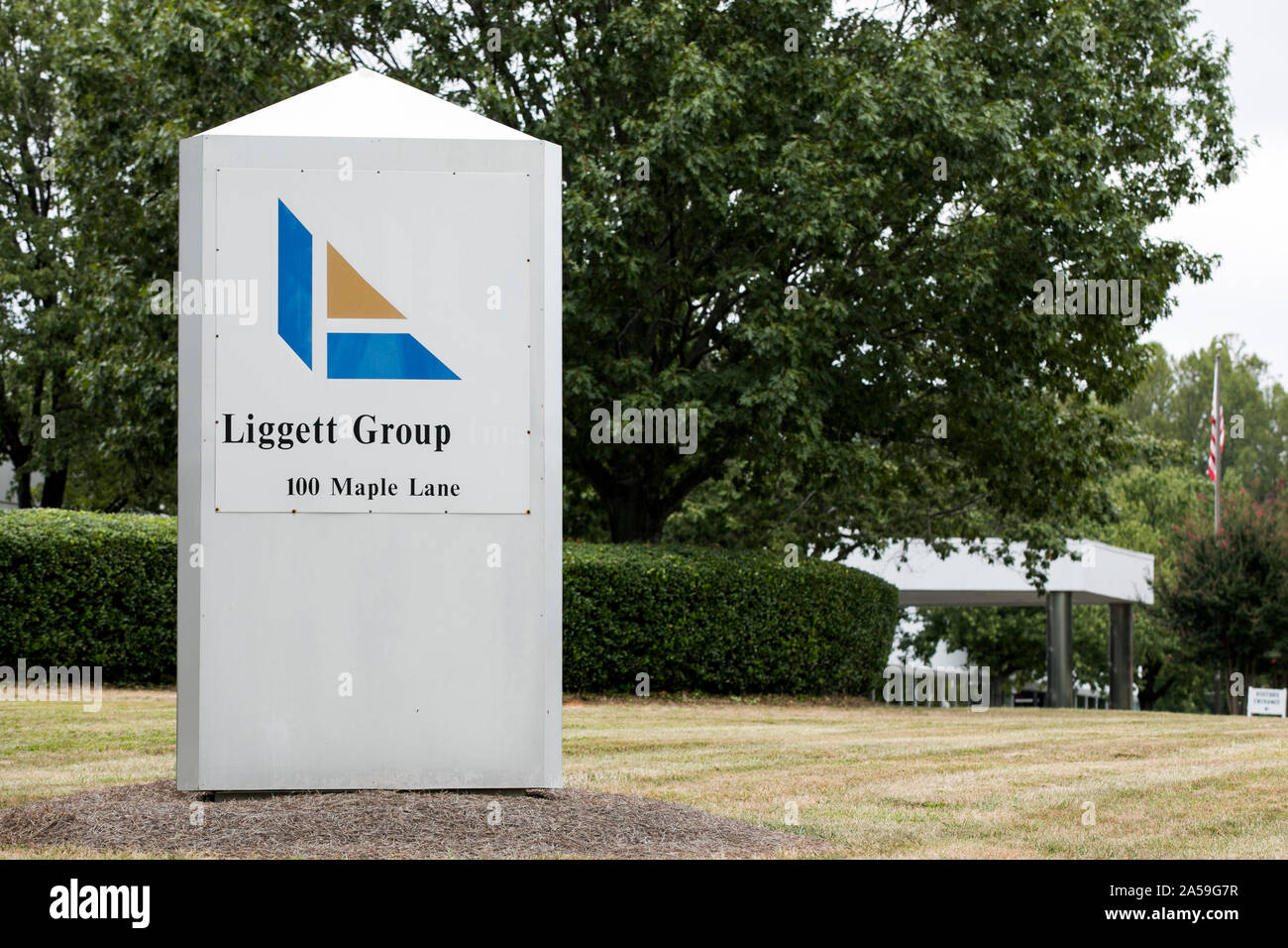 A logo sign outside of the headquarters of The Liggett Group in Mebane ...