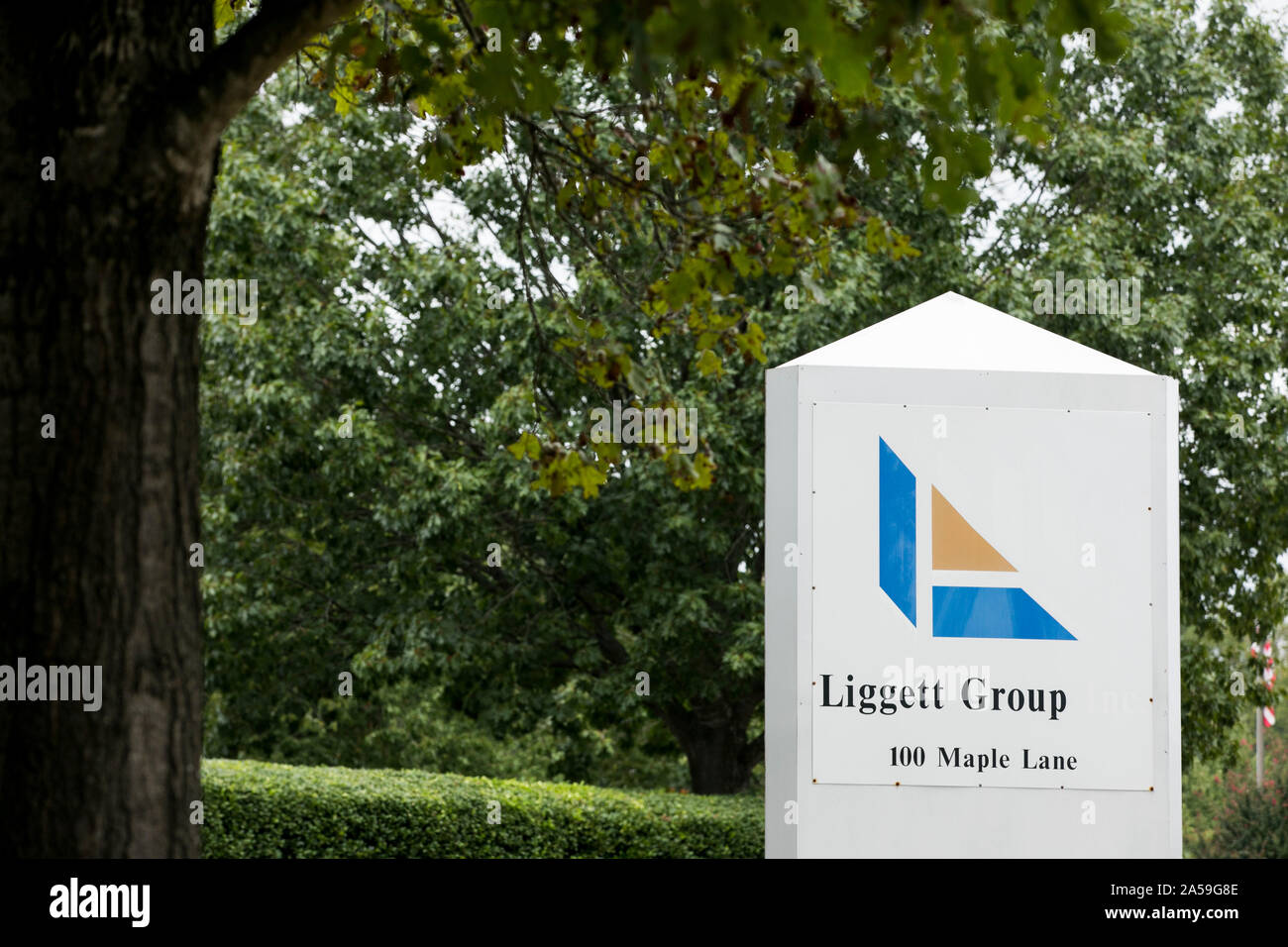 A logo sign outside of the headquarters of The Liggett Group in Mebane ...