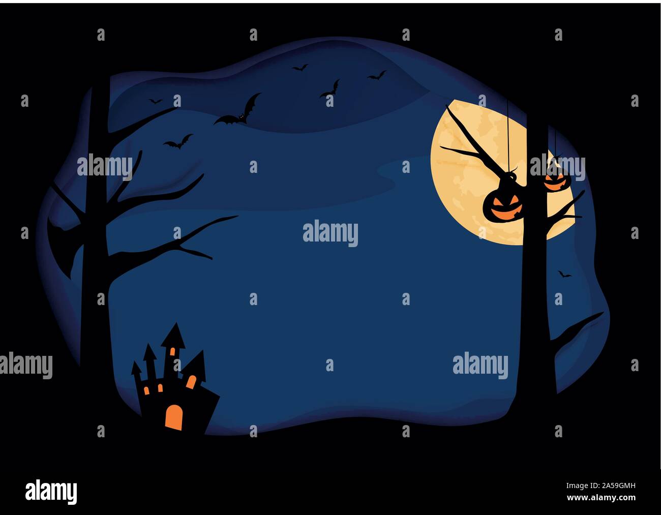 Horizontal Halloween vector dark blue background with layer border, bat ...