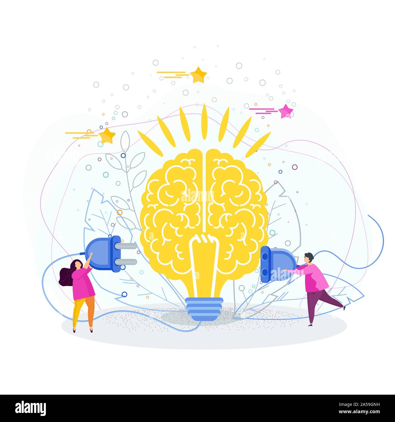 Tiny people connect the brain to an electrical network Stock Vector ...