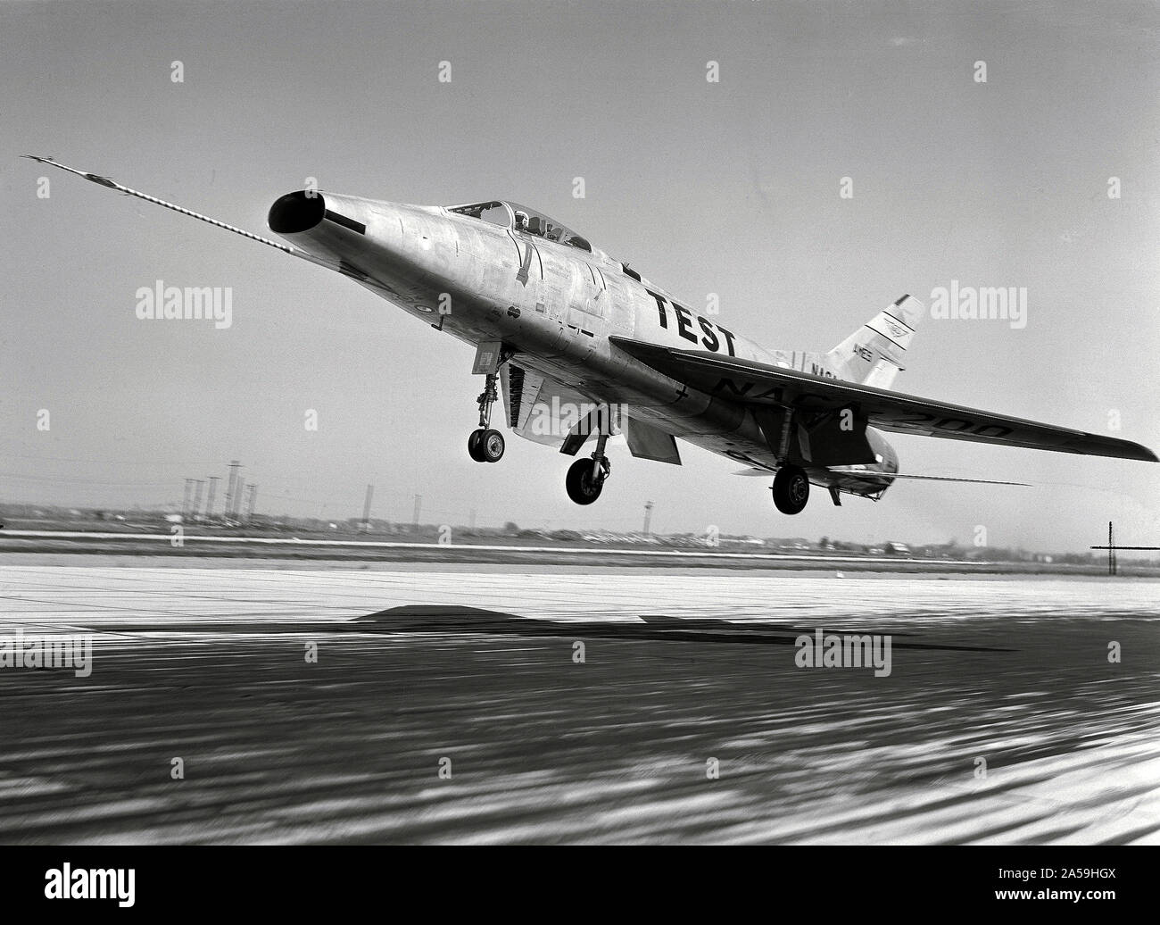 North American F-100A (NACA-200) Super Sabre Airplane take-off ca. 1957 ...
