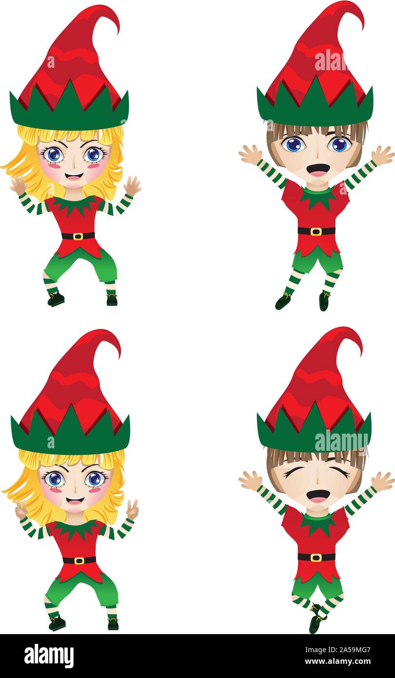 Cartoon little girl and boy wearing elf costume for holidays Stock ...