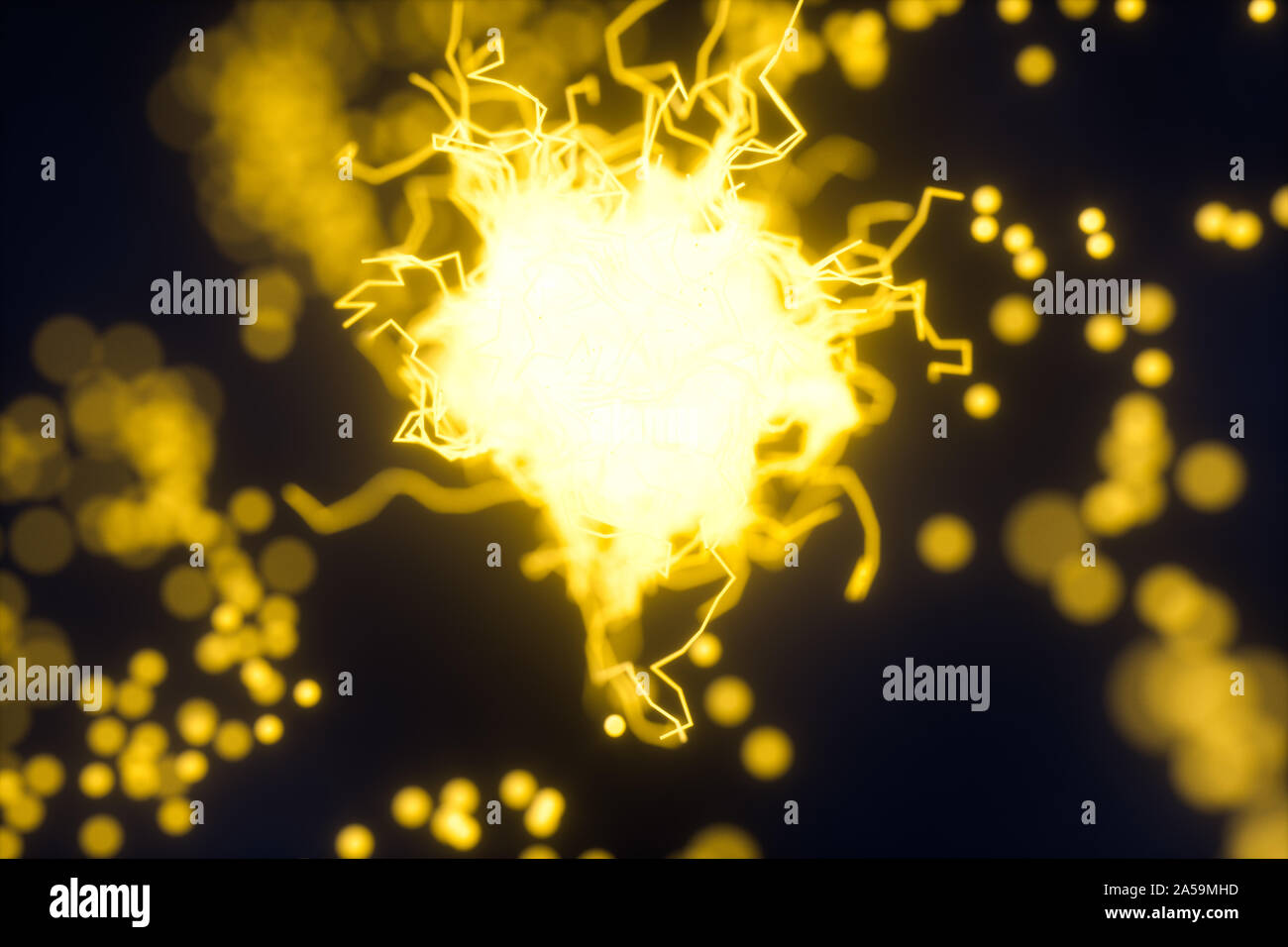 Glowing triangles and particles with dark background, 3d rendering ...