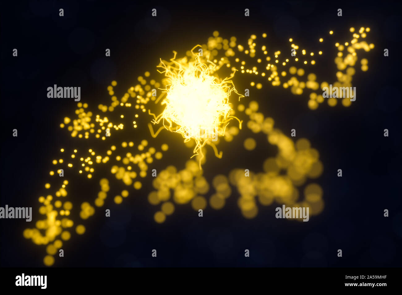 Glowing triangles and particles with dark background, 3d rendering ...